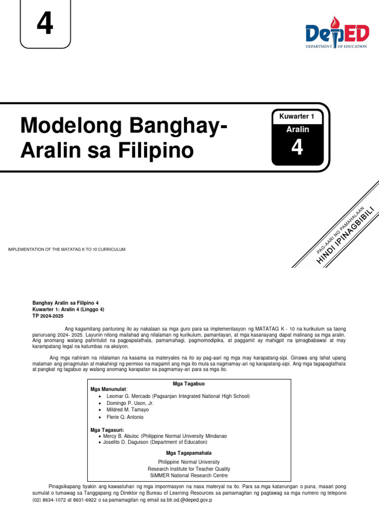 Q1 - LE - Filipino 4 - Lesson 4 - Week 4 | PDF