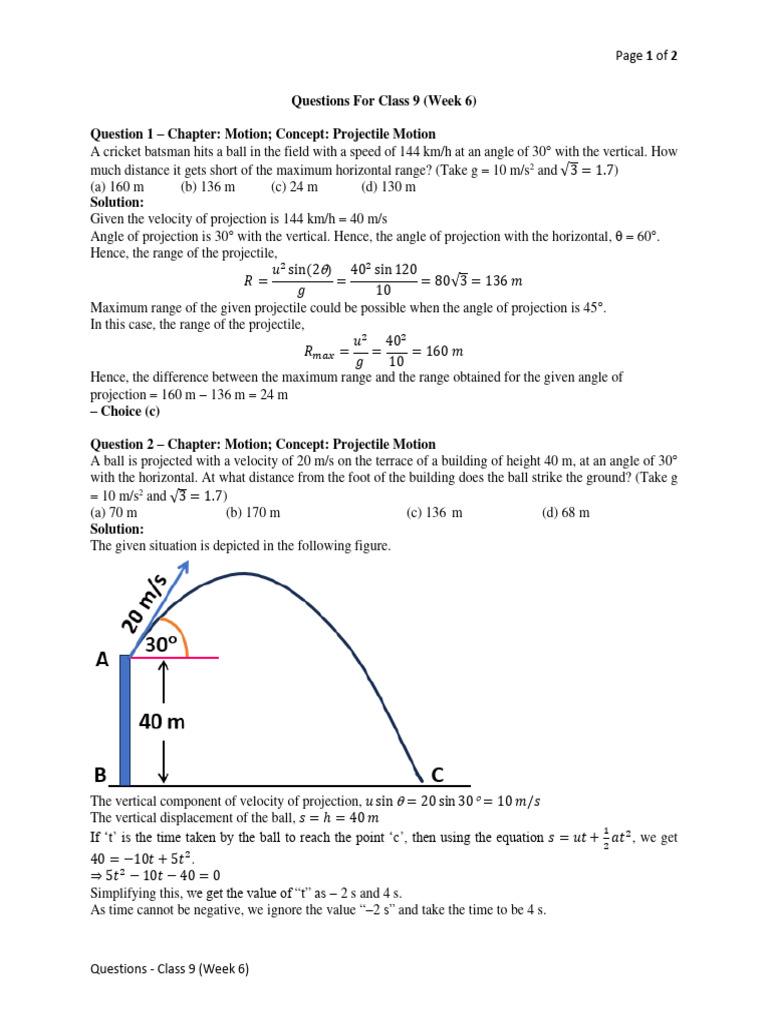 Class 9 Projectile Motion Questions | PDF | Velocity | Projectiles