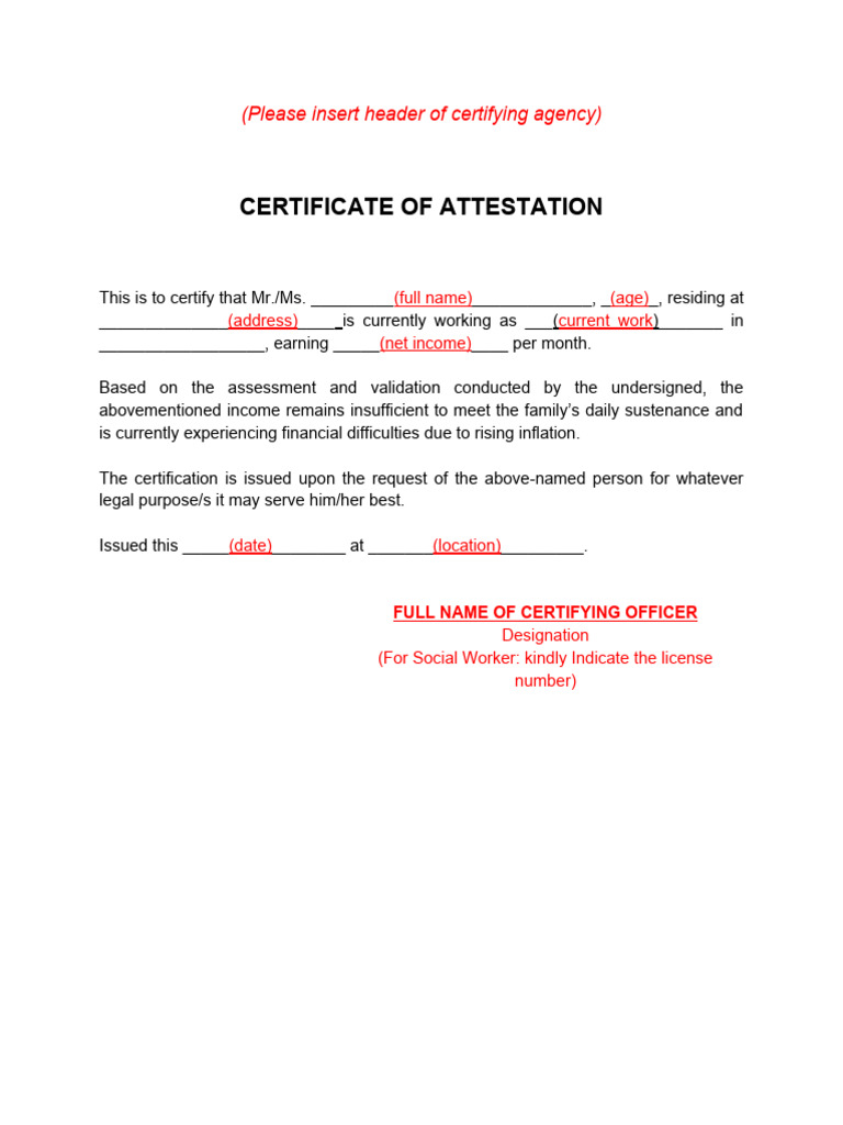 Annex A TEMPLATE CERT OF LOW INCOME | PDF | Finance & Money Management