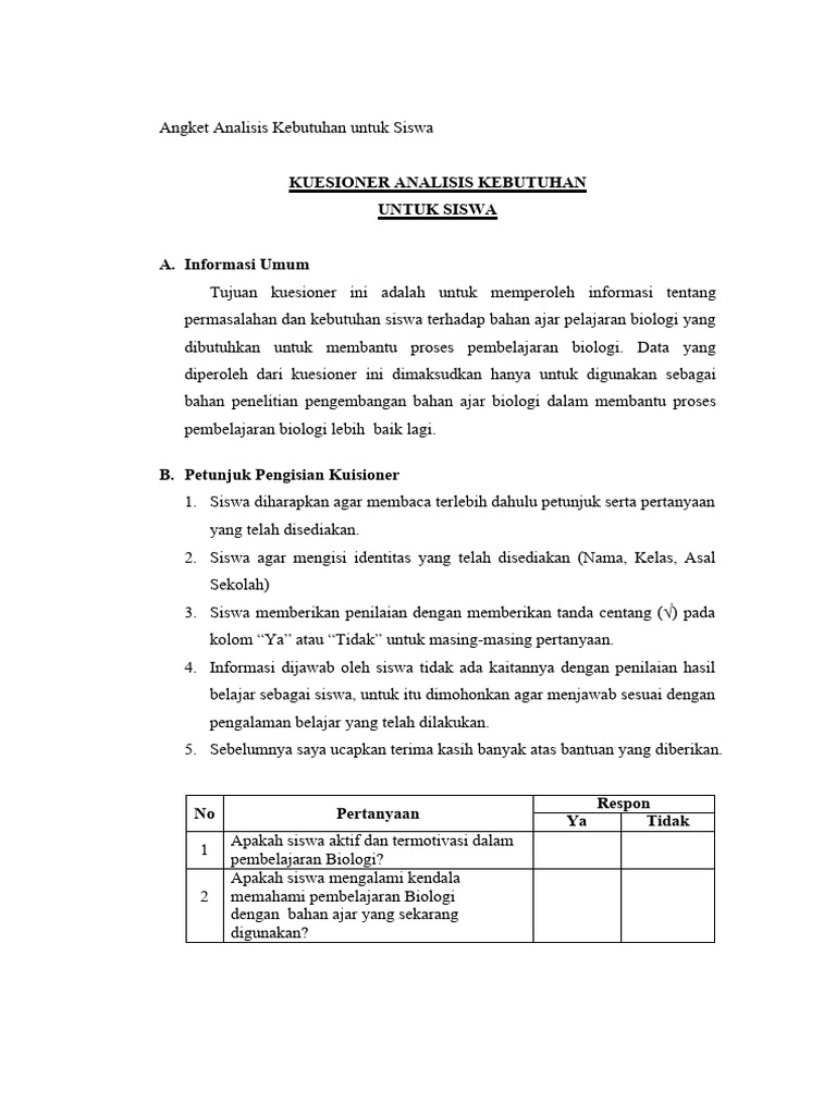 Angket Analisis Kebutuhan Untuk Siswa | PDF | Karier & Perkembangan