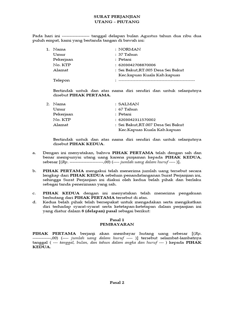 Contoh Surat Perjanjian Utang Piutang FH UII | PDF