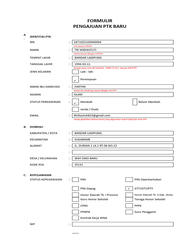 Formulir PTK Dapodik 2024 (Tri Widiastuti) | PDF