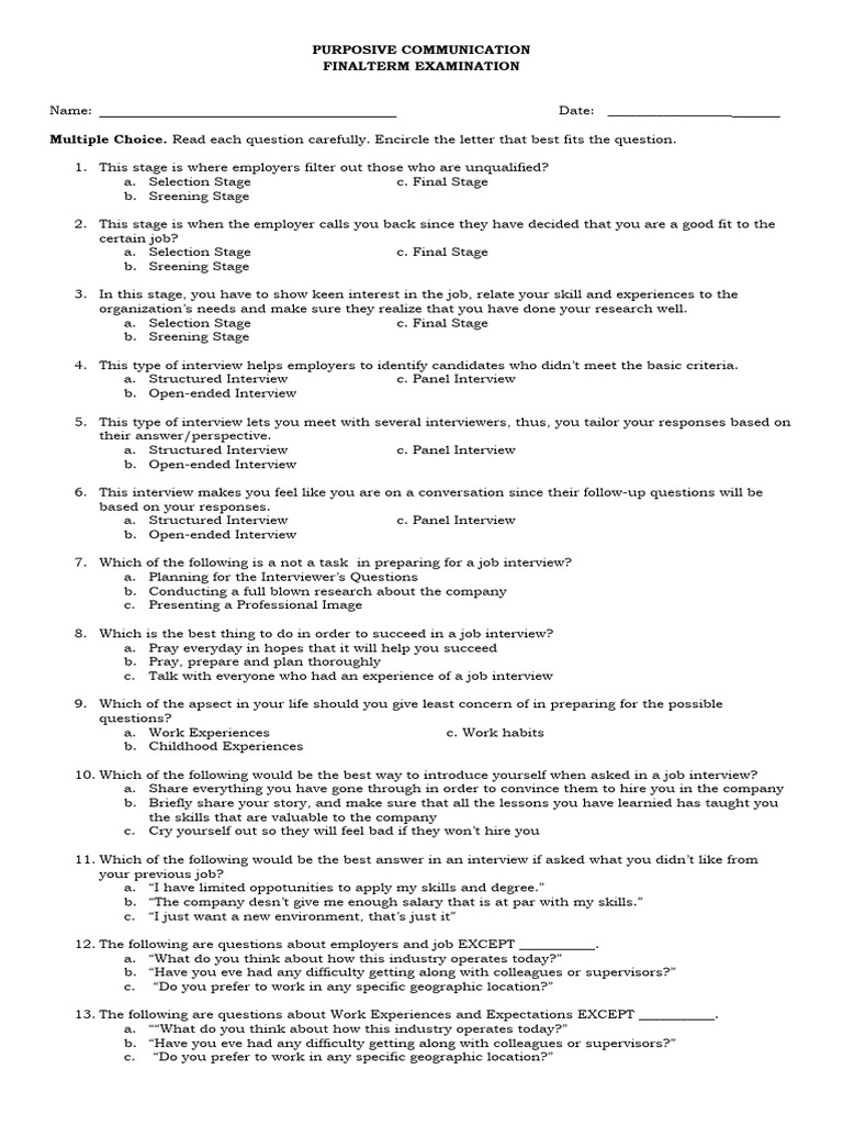 Purposive Communication Final Exam Guide | PDF | Job Interview | Writing