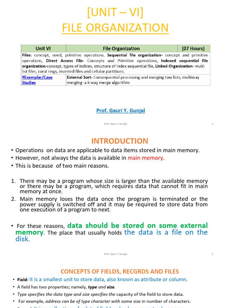Unit 6 File Organization - Prof Gauri Y Gunjal | PDF | Database Index | Computer File