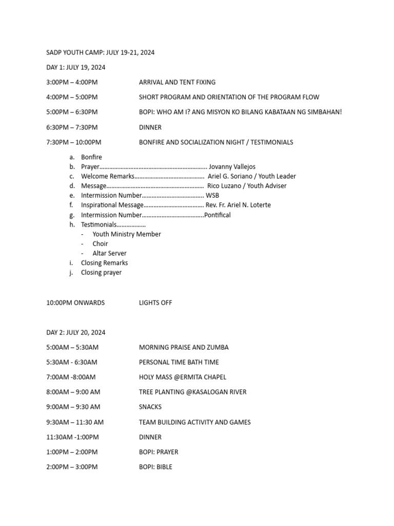 SADP YOUTH CAMP Program Flow - 103114 | PDF | Worship | Sacraments