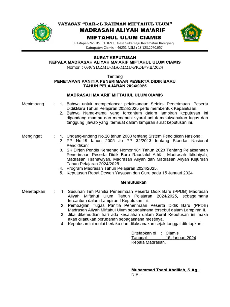 SK Panitia PPDB MA Ma'arif Miftahul Ulum | PDF