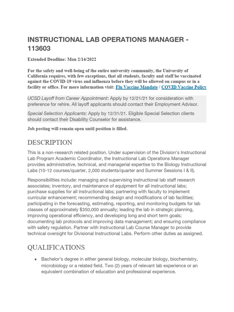 Job Posting - INSTRUCTIONAL LAB OPERATIONS MANAGER | PDF | Laboratories ...