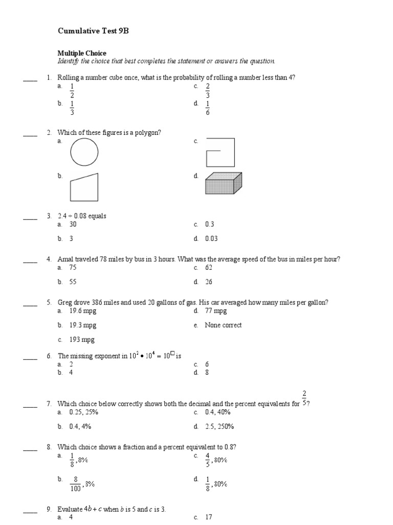 Cumulative Test 9B | PDF | Fuel Economy In Automobiles | Fraction ...