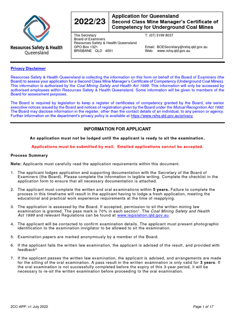 2nd Class Mine Manager Coal Application Form | PDF | Academic Degree ...