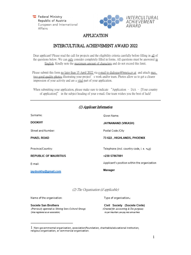 IAA 2022 Application Form Mauritius 1 | PDF | Mauritius