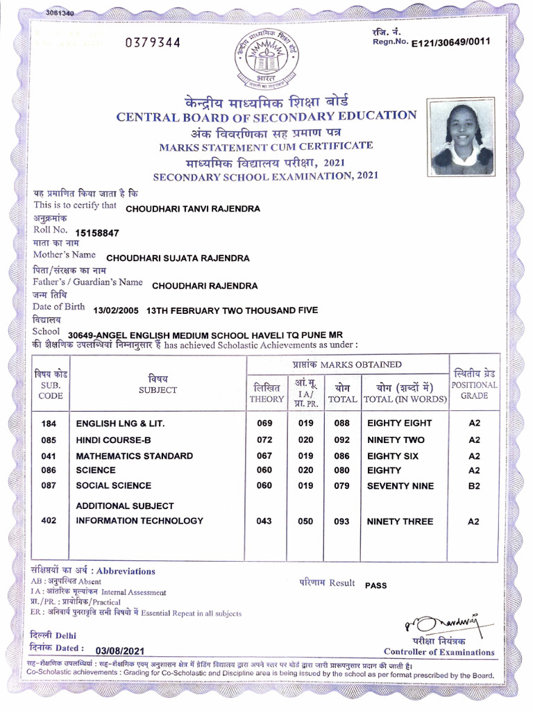 10th Marksheet | PDF | Science | Educational Stages