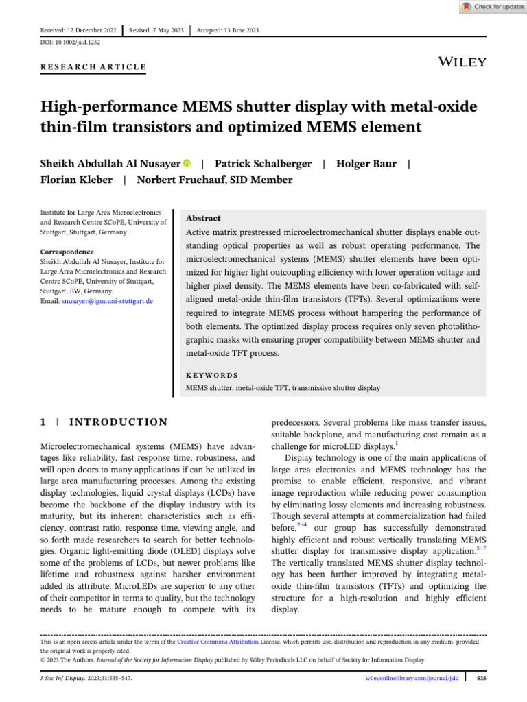 J Soc Info Display - 2023 - Al Nusayer - Highperformance MEMS Shutter ...
