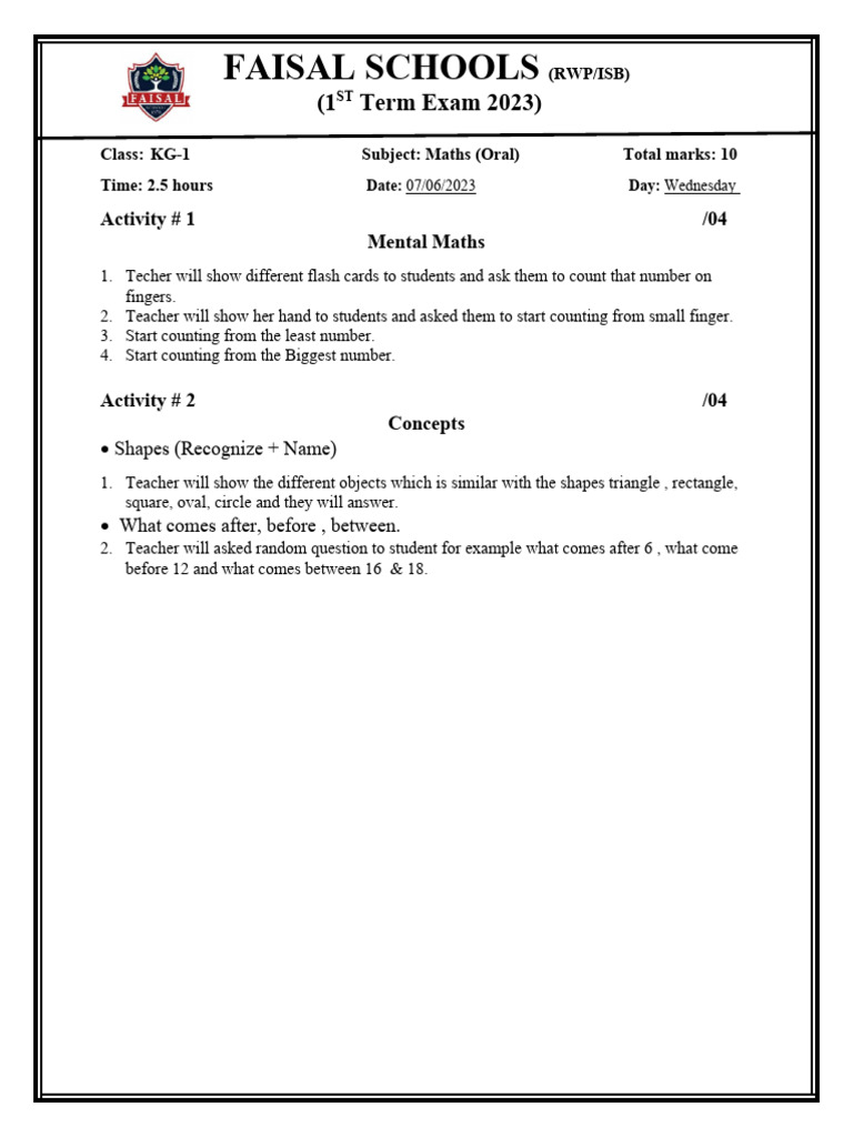 First Term Maths Oral Paper KG-1 | PDF