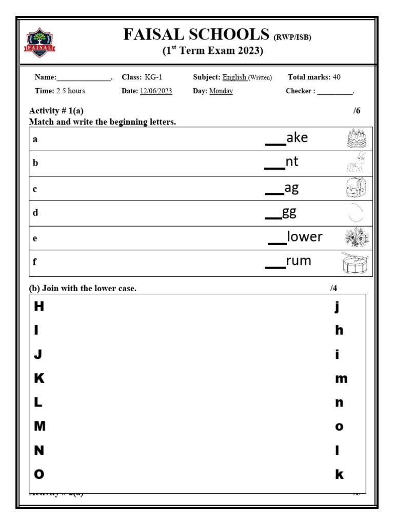 KG-1 English First Term Exam 2023 | PDF