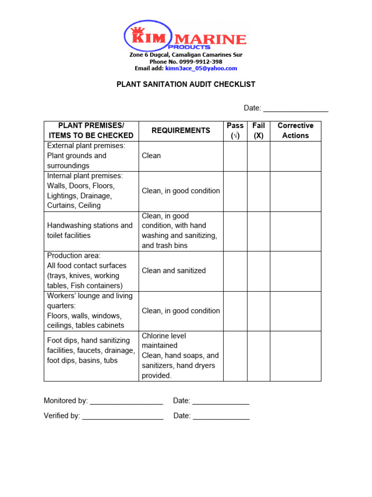 Plant Sanitation Audit Checklist | PDF