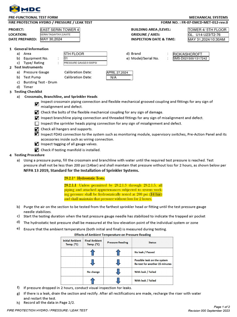 MDC - Fire Protection Hydro - Pressure - Leak Test FR-07-EMCD-MET-012 ...