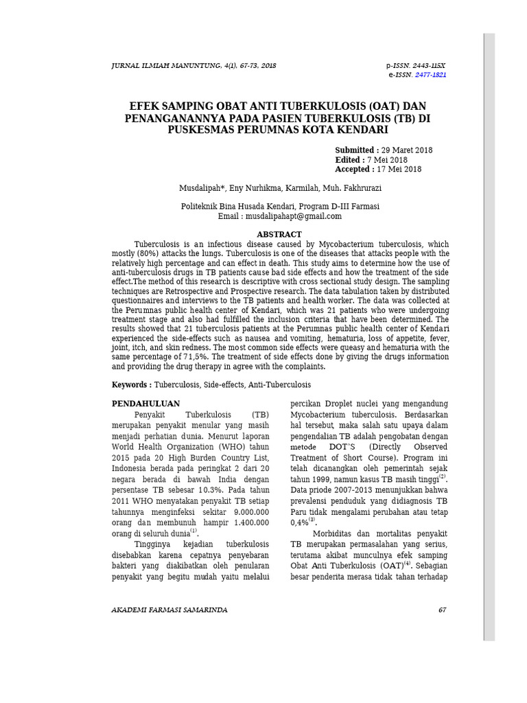 (PDF) Efek Samping Obat Anti Tuberkulosis (Oat) Dan Penanganannya Pada ...