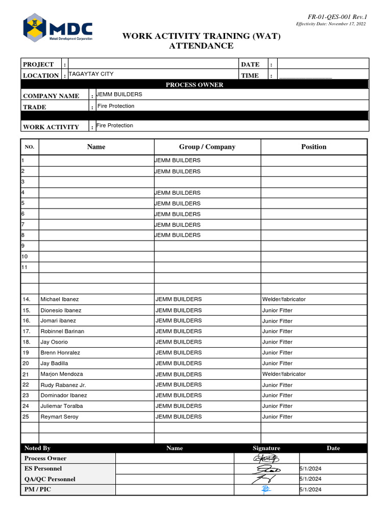 MDC - Work Activity Training (WAT) Attendance FR-01-QES-001-rev.1 | PDF