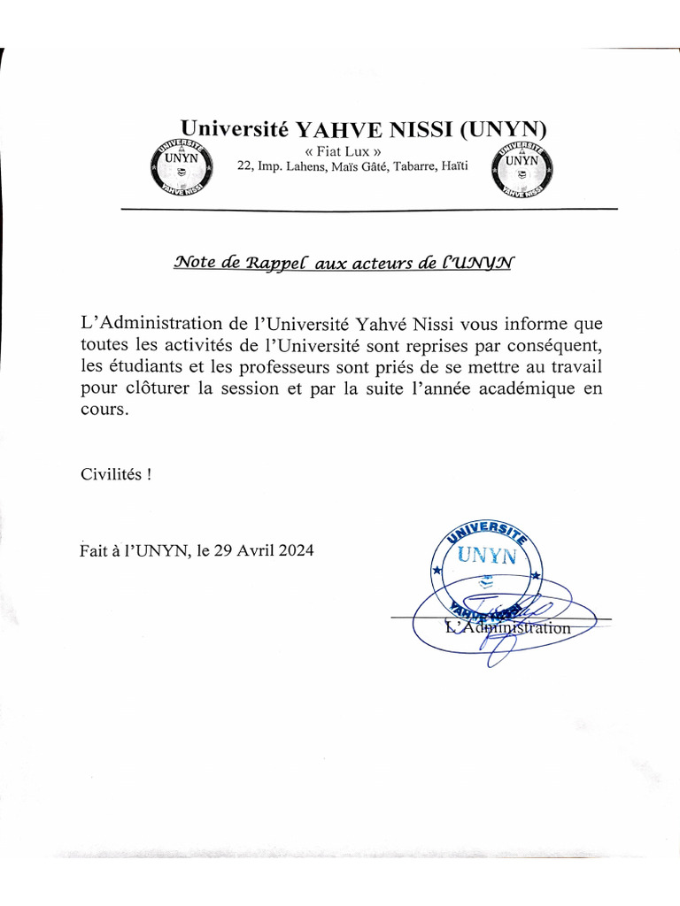 Note de l'UNYN | PDF