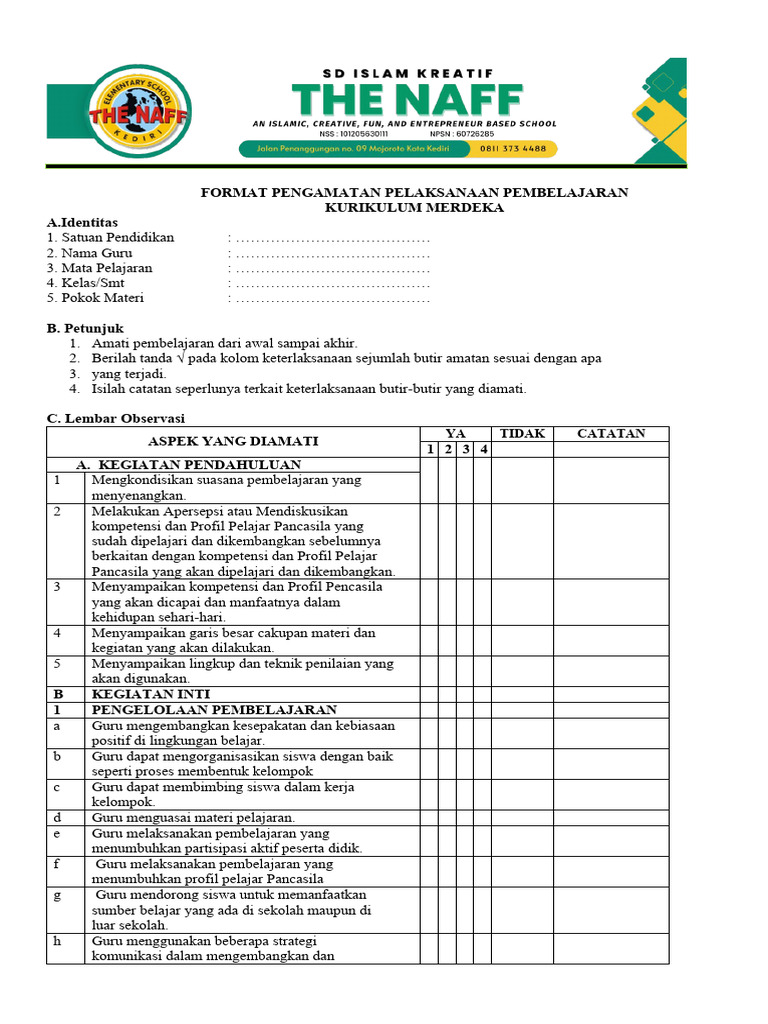 Format Pengamatan Pelaksanaan Pembelajaran | PDF