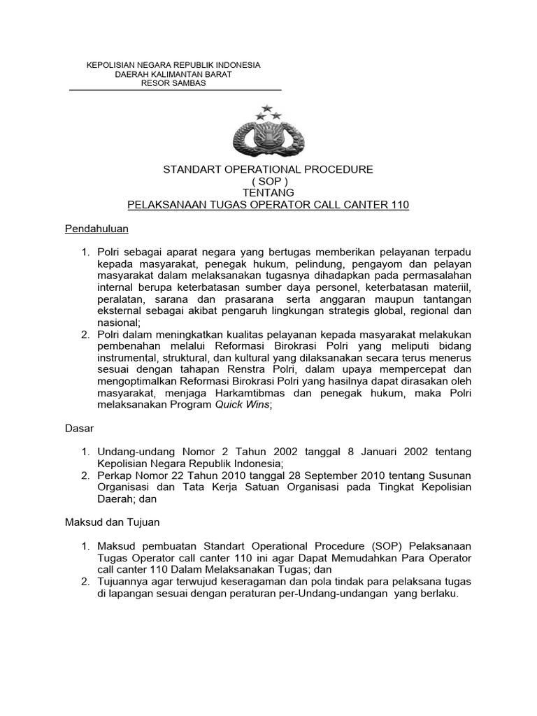 SOP Operator Call Center 110 Polres Sambas | PDF