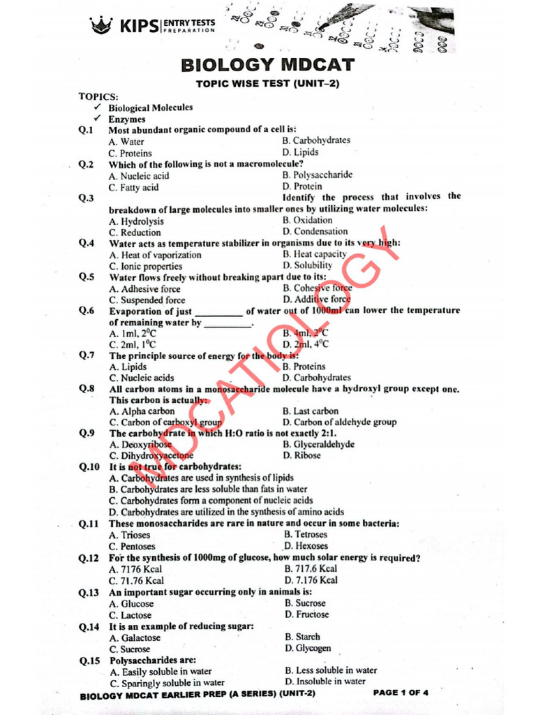 KIPS UNIT#02 Biological Molecules & Enzymes - Early Prep Session | PDF
