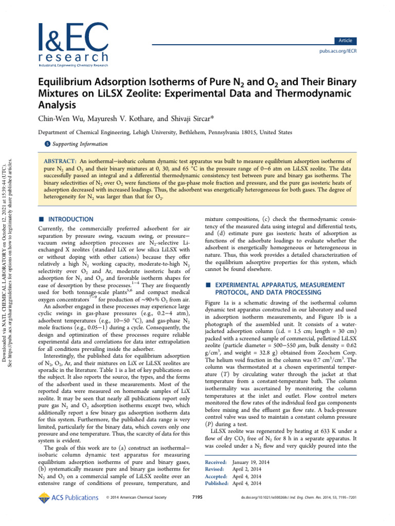 Equilibrium Adsorption Isotherms of Pure N2 and O2 | PDF | Adsorption ...