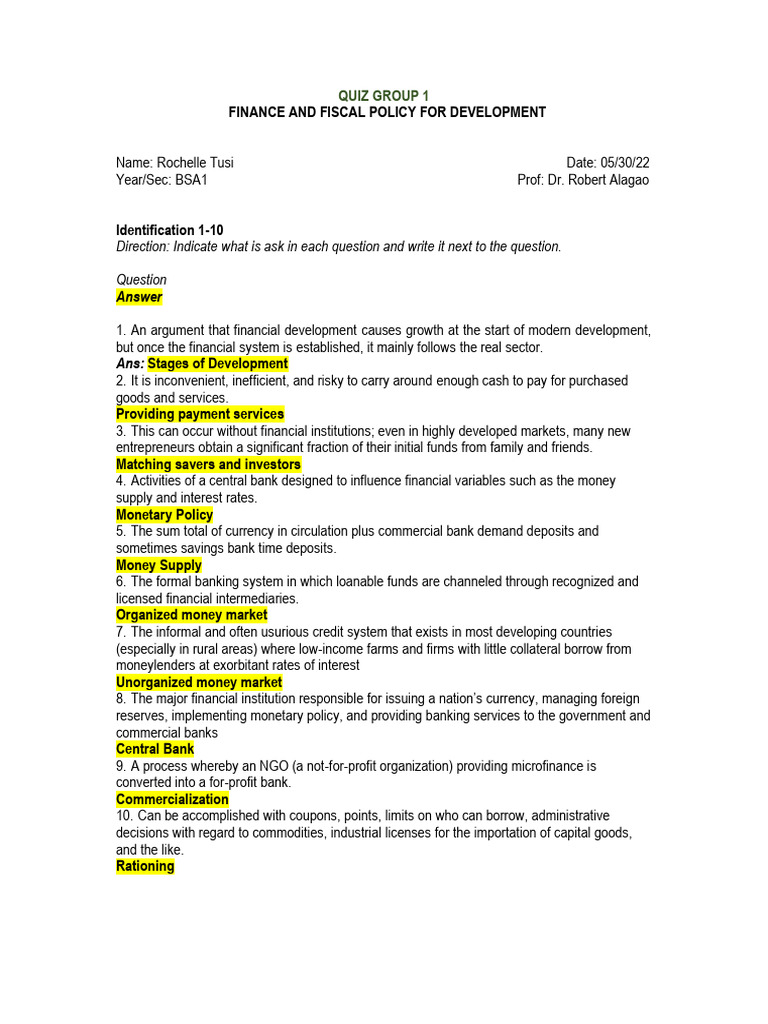 Tusi, Rochelle T. (QUIZ 1 Ecodev) | PDF | Banks | Money