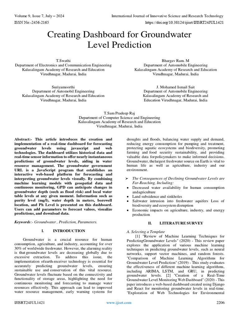 Creating Dashboard For Groundwater Level Prediction | PDF | Machine Learning | Big Data