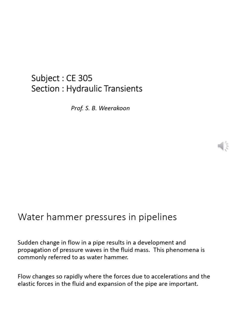Lecture CE304 Hydraulic Transients - WH 1 | PDF | Waves | Dynamics (Mechanics)