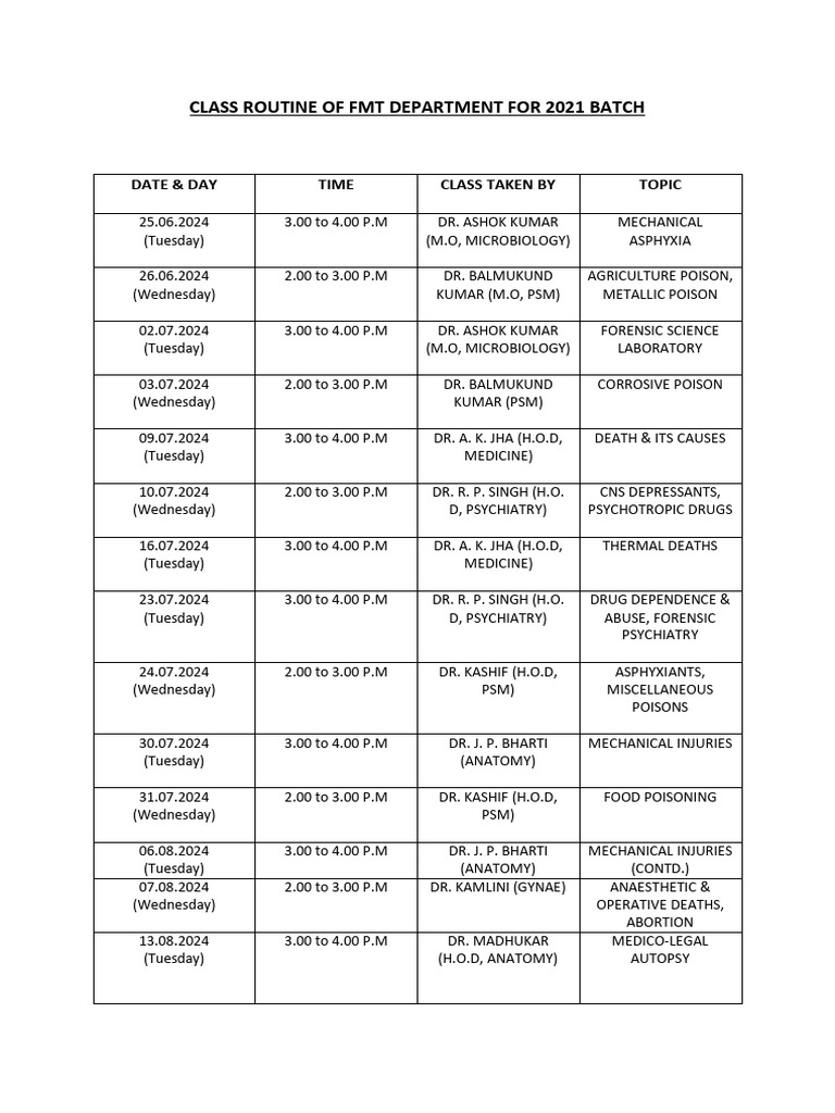 FMT Class Routine - 2021 Batch | PDF | Health Sciences | Health Care