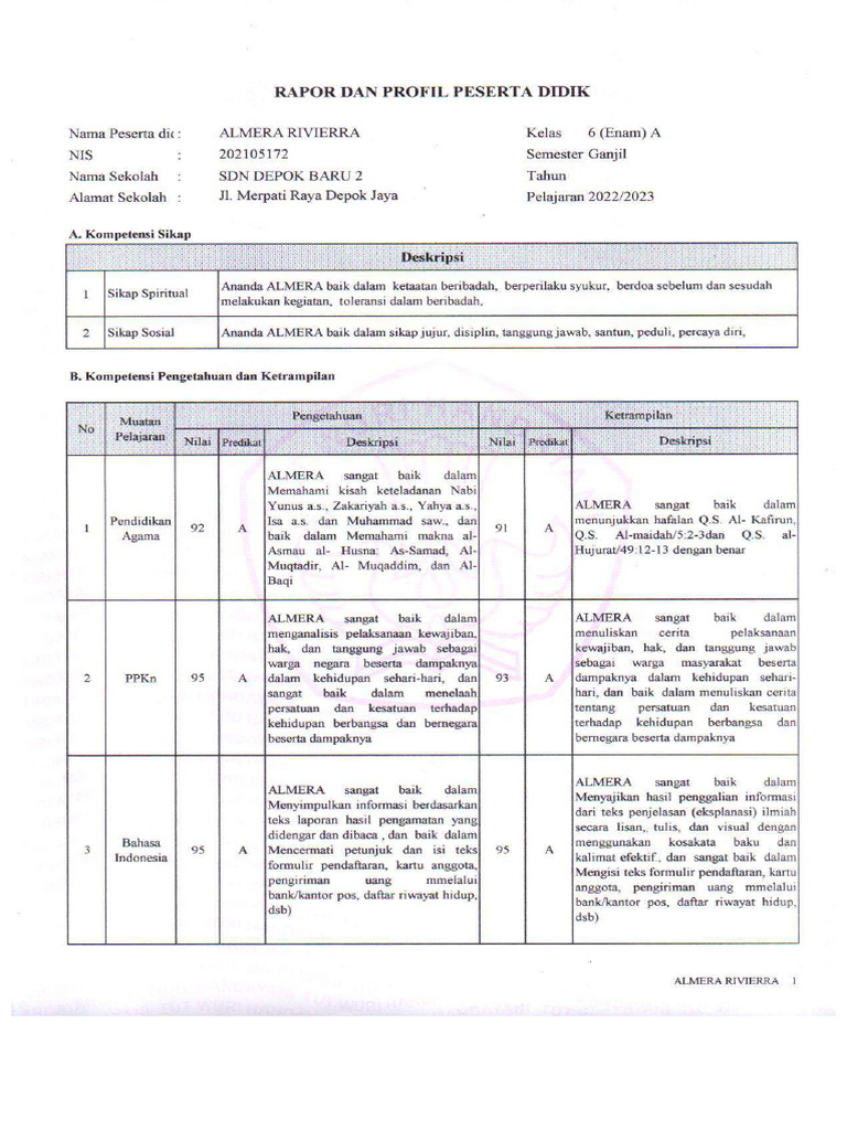 RAPORT Kls 6 Ganjil - Compressed | PDF