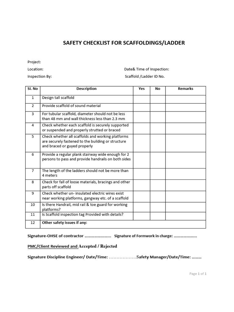 Scaffold and Ladder Safety Checklist | PDF | Home & Garden | Technology ...