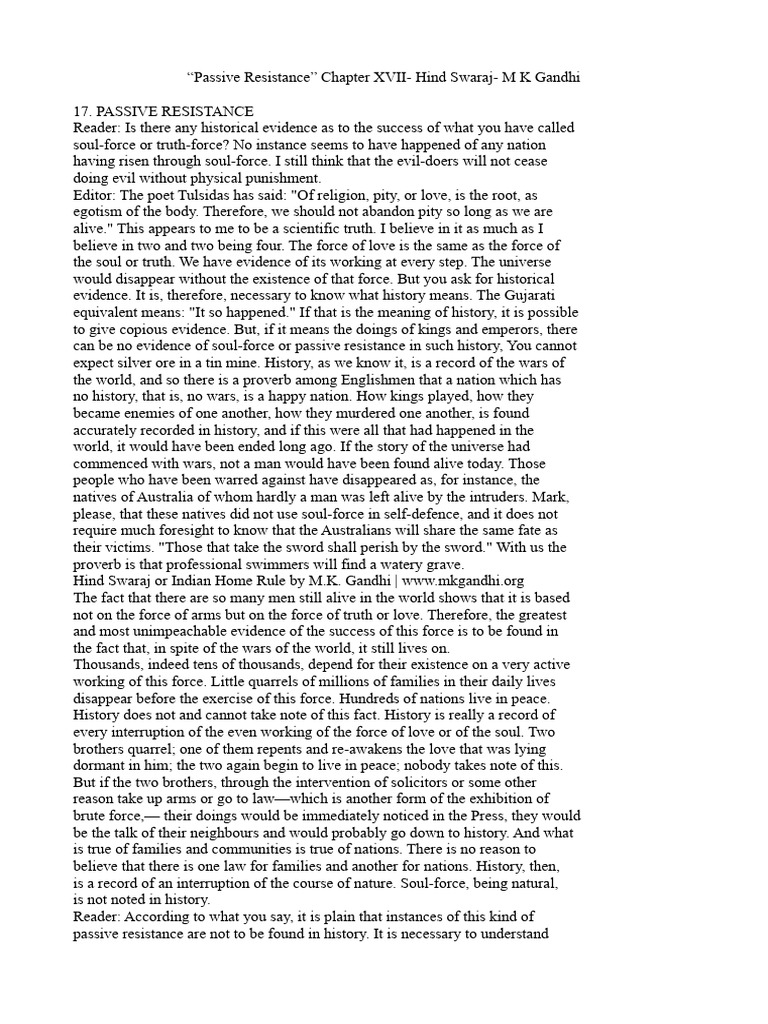 "Passive Resistance" Chapter XVII - Hind Swaraj - M K Gandhi | PDF ...