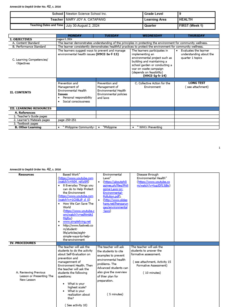 Grade 9 Health Lesson Plan on Environmental Wellness | PDF | Learning ...