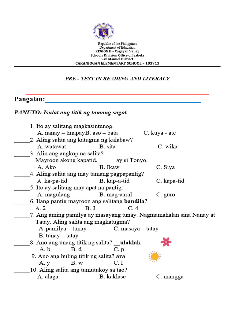 Pre Test Post Reading and Literacy G1 Matatag | PDF