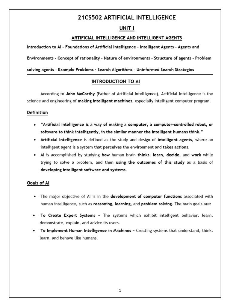 21cs502 Ai Unit-I Notes Short 42 Pges | PDF | Artificial Intelligence ...