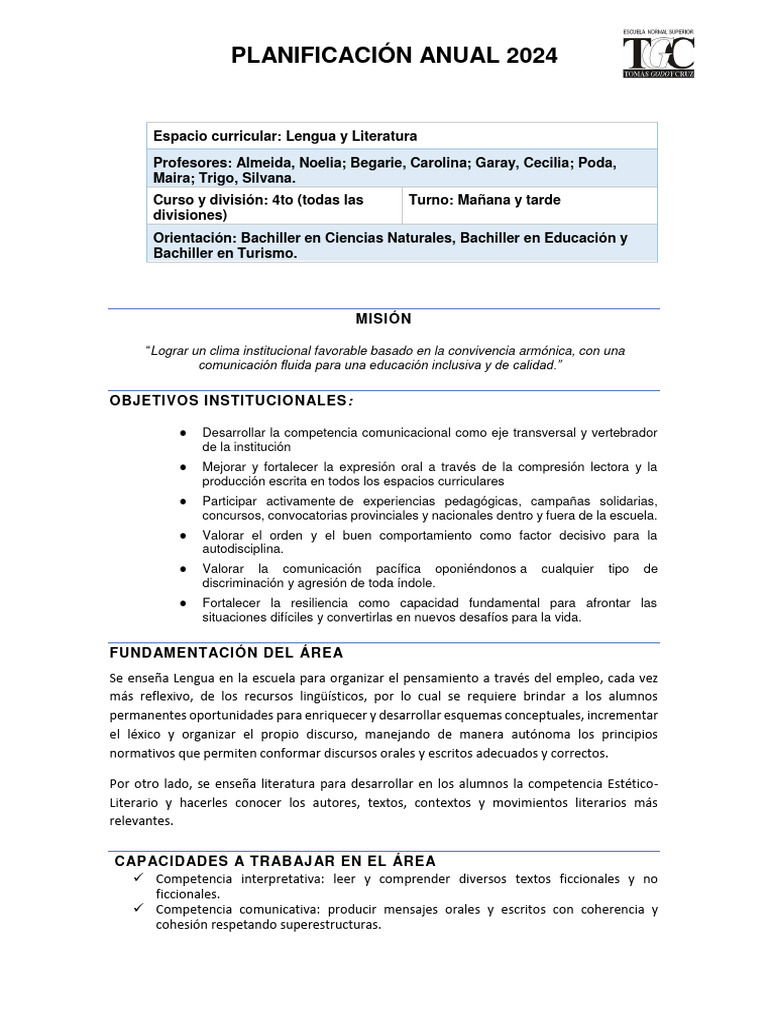 Planificación 4to - 2024 TGC | PDF | Evaluación | Léxico