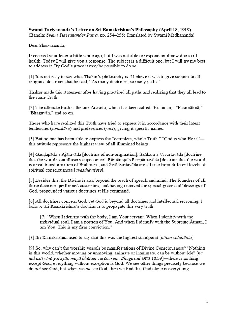 Turiyananda Letter Handou | PDF | Ramakrishna | Advaita Vedanta