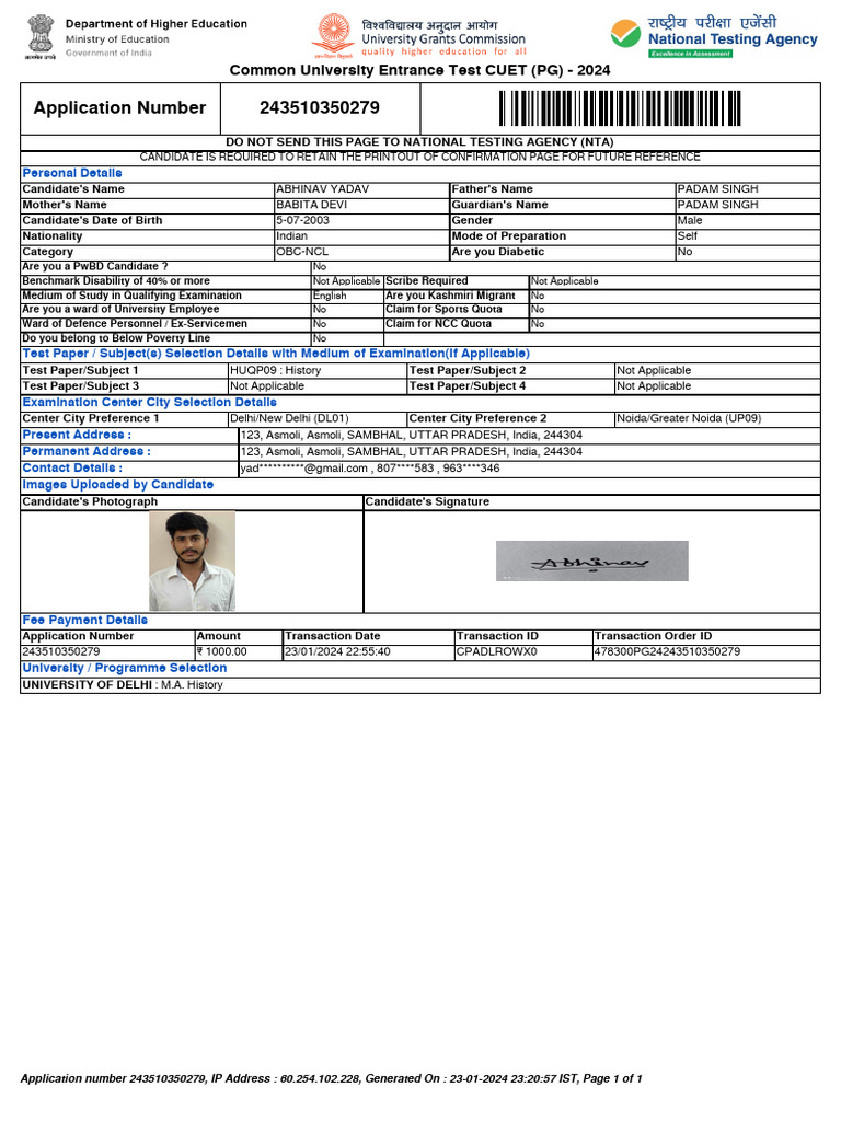 Application Number 243510350279: Common University Entrance Test CUET ...