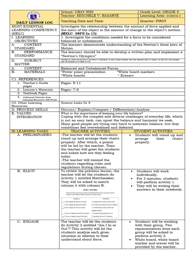 Lesson 2-Dll-Balance and Unbalanced Forces | PDF | Force | Learning