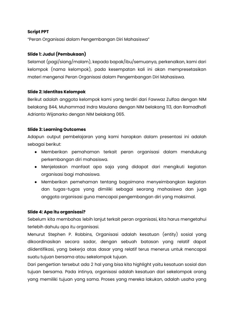 Script PPT - Peran Organisasi Dalam Pengembangan Diri Mahasiswa | PDF