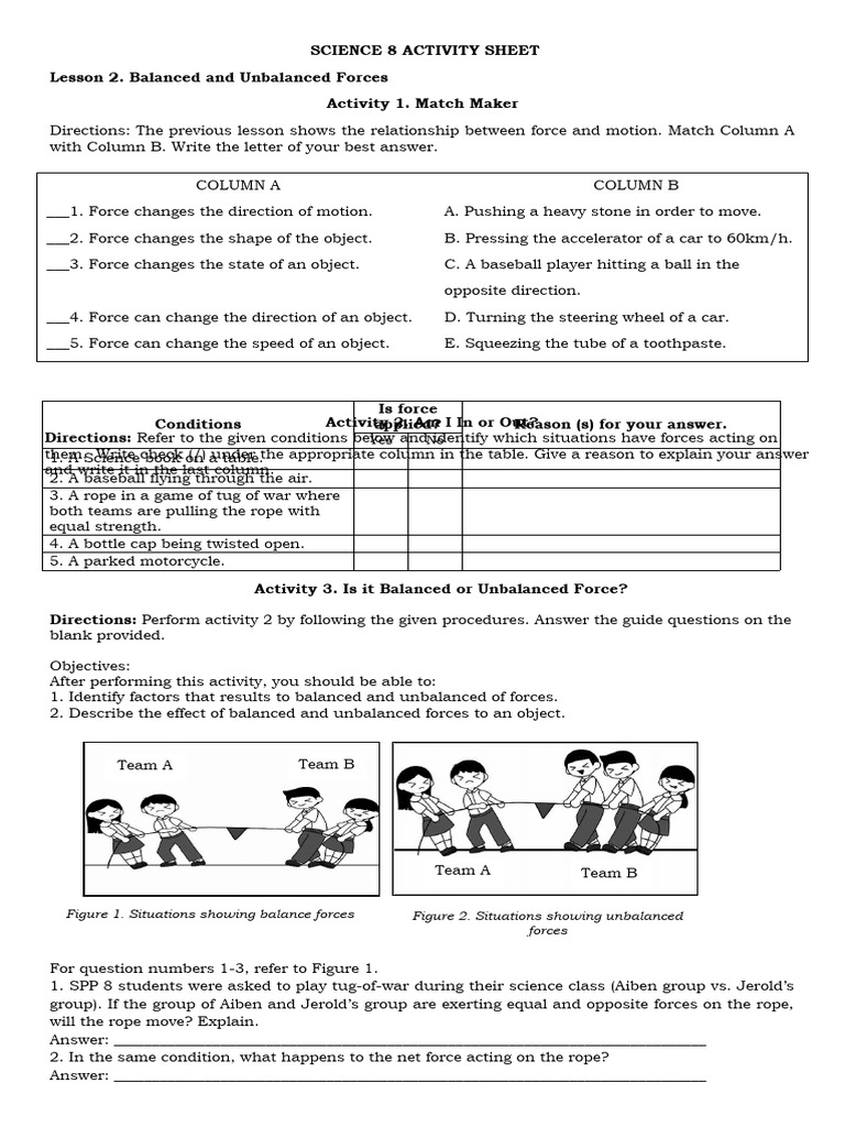 Lesson 2-Activity Sheet-Balanced and Unbalanced Force | PDF | Force ...