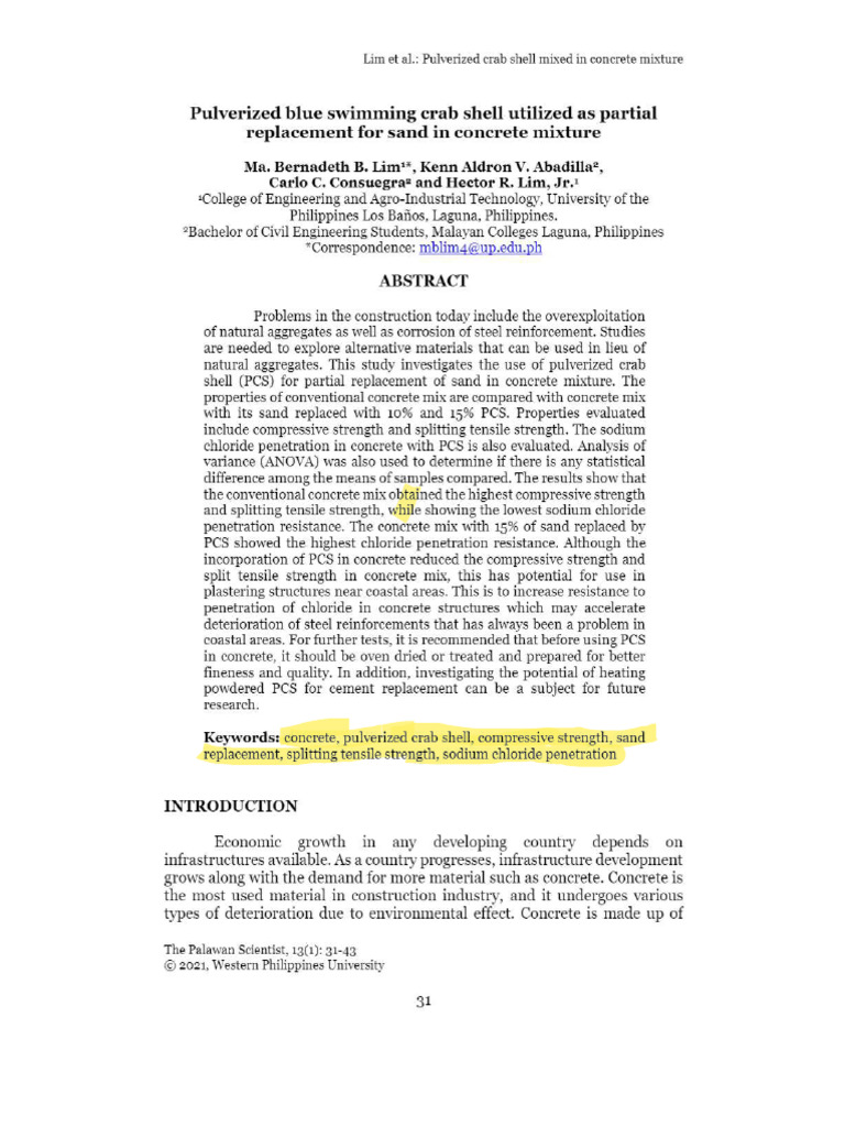 Pulverized Crab Shell in Partial Replacement For Sand in Concrete | PDF