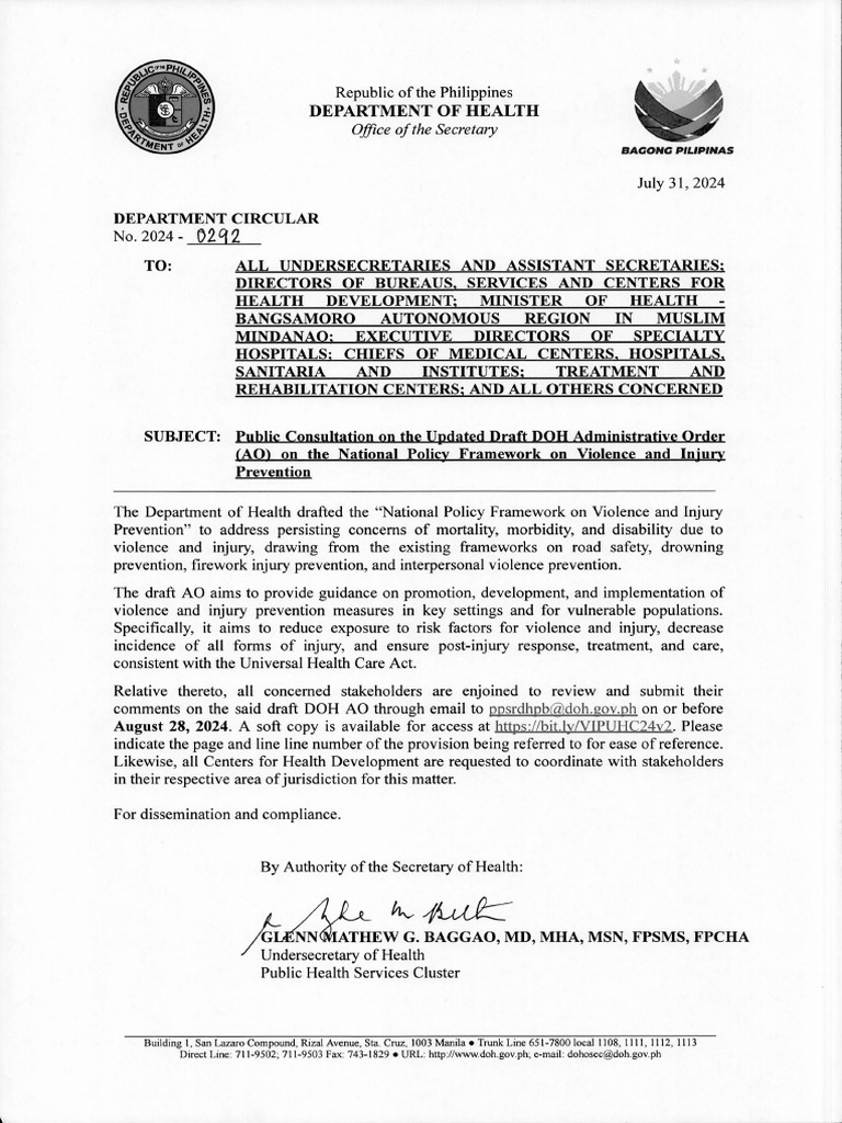 DOH Department Circular No. 2024-0292 | PDF | Violence | Road Traffic ...