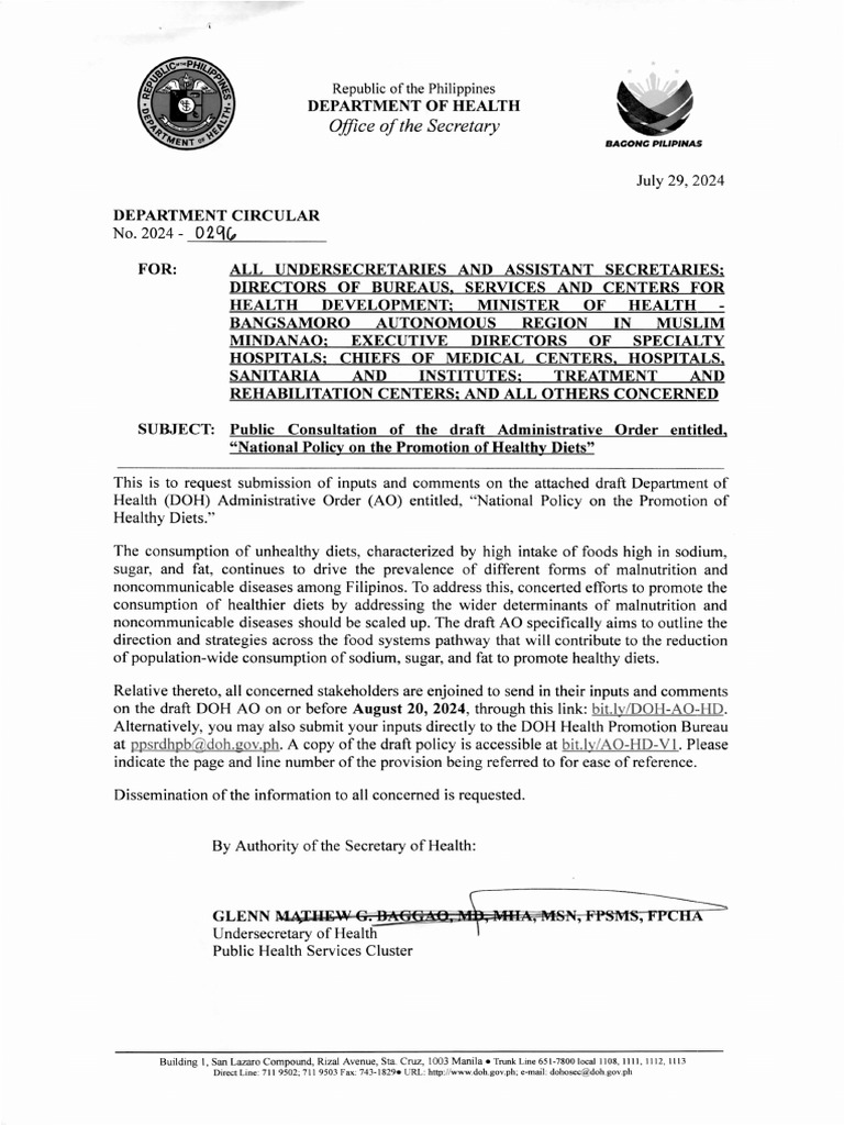 DOH Department Circular No. 2024-0296 | PDF | Healthy Diet | Nutrition
