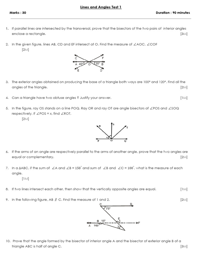 Class IX - Lines and Angles Test #1 (2023-24) | PDF | Triangle | Angle