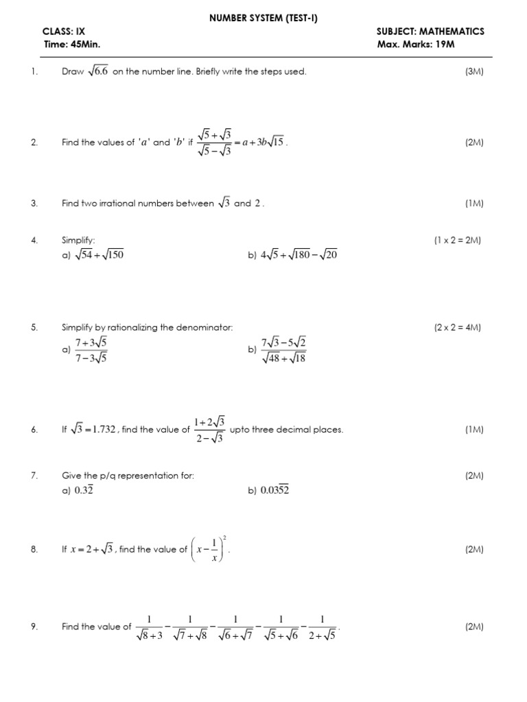 Ix-01-Ct01 - Number System Test-I - Maths | PDF