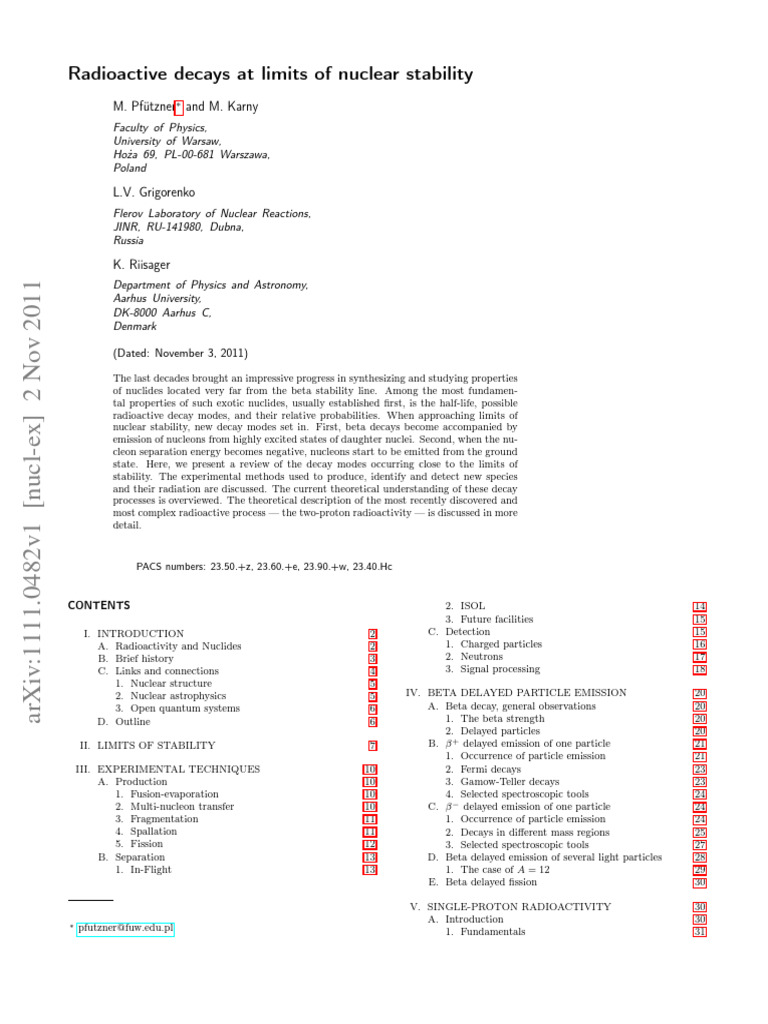 Radioactive Decays at Limits of Nuclear Stability: M. Pfützner and M. Karny | PDF | Radioactive ...