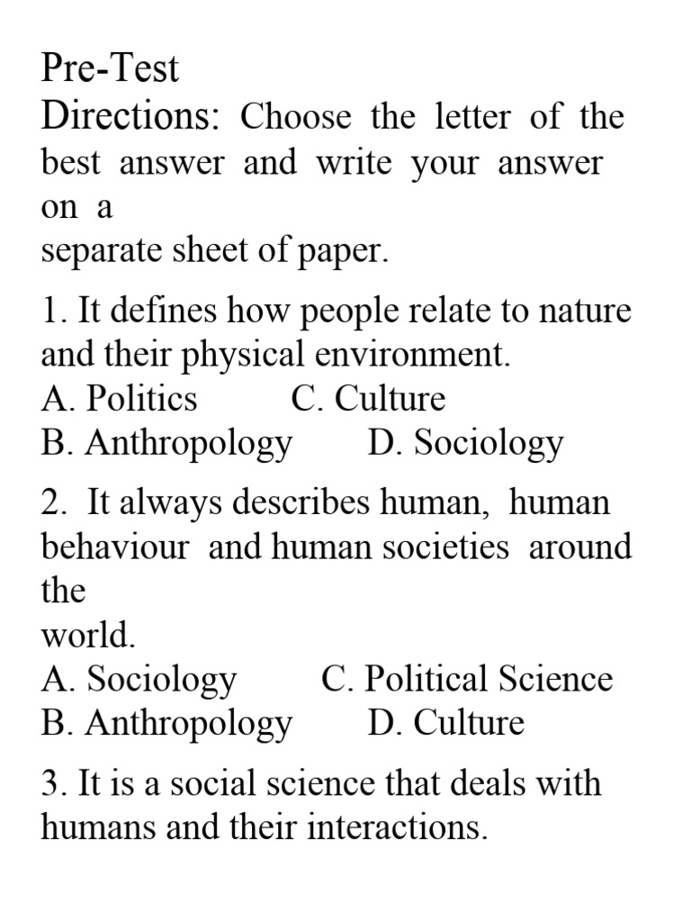 grade 12 subjects pre test | PDF | Sociology | Reason